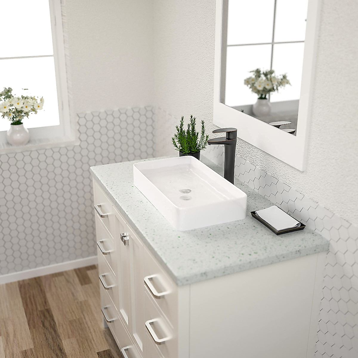 Vessel Sink Rectangular, Dcolora 24"x14" White Vessel Sink Ceramic Porcelain Rectangle Bathroom Vessel Sink Above Counter Vanity Sink Basin