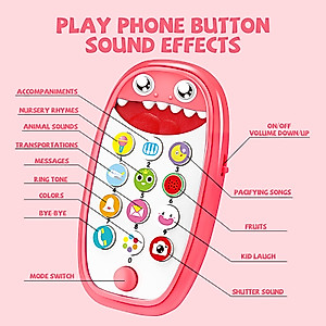 Baby Shark Cell Phone Toy Removable Teether Case, Light, Music & Adjustable Volume Kids Play & Learn Fake Phone Infant Toddler, Preschool Holiday Birthday Presnet for Girl Boy 0-6, 6-18 Months (Red)