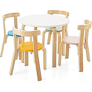 HONEY JOY Kids Table and Chair Set, Bentwood Toddler Round Table and 4 Chairs for Craft Art, Building Block, 5-Piece Children Furniture Set for Daycare, Kindergarten, Playroom (Colorful)