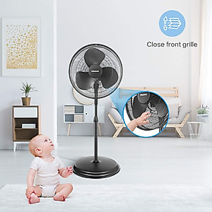 PELONIS PFS40A2ABB 16'' 3-Speed Pedestal, Standing Fan for Home and Office, 85° Oscillation and Adjustable in Height, Black, 16 Inch