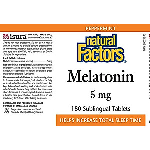 Stress-Relax Melatonin 5 mg by Natural Factors, Natural Sleep Aid, Resets the Sleep-Wake Cycle, 180 chewable tablets (180 servings), Peppermint Flavor