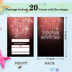 Ziyouza Neon Pink Birthday Invites, 60th Birthday Party Invitations for Woman and Man, Rose Gold Glitter Birthday Party Invitations (20 Count with Envelopes) for Adult Birthday, Surprise Party-29