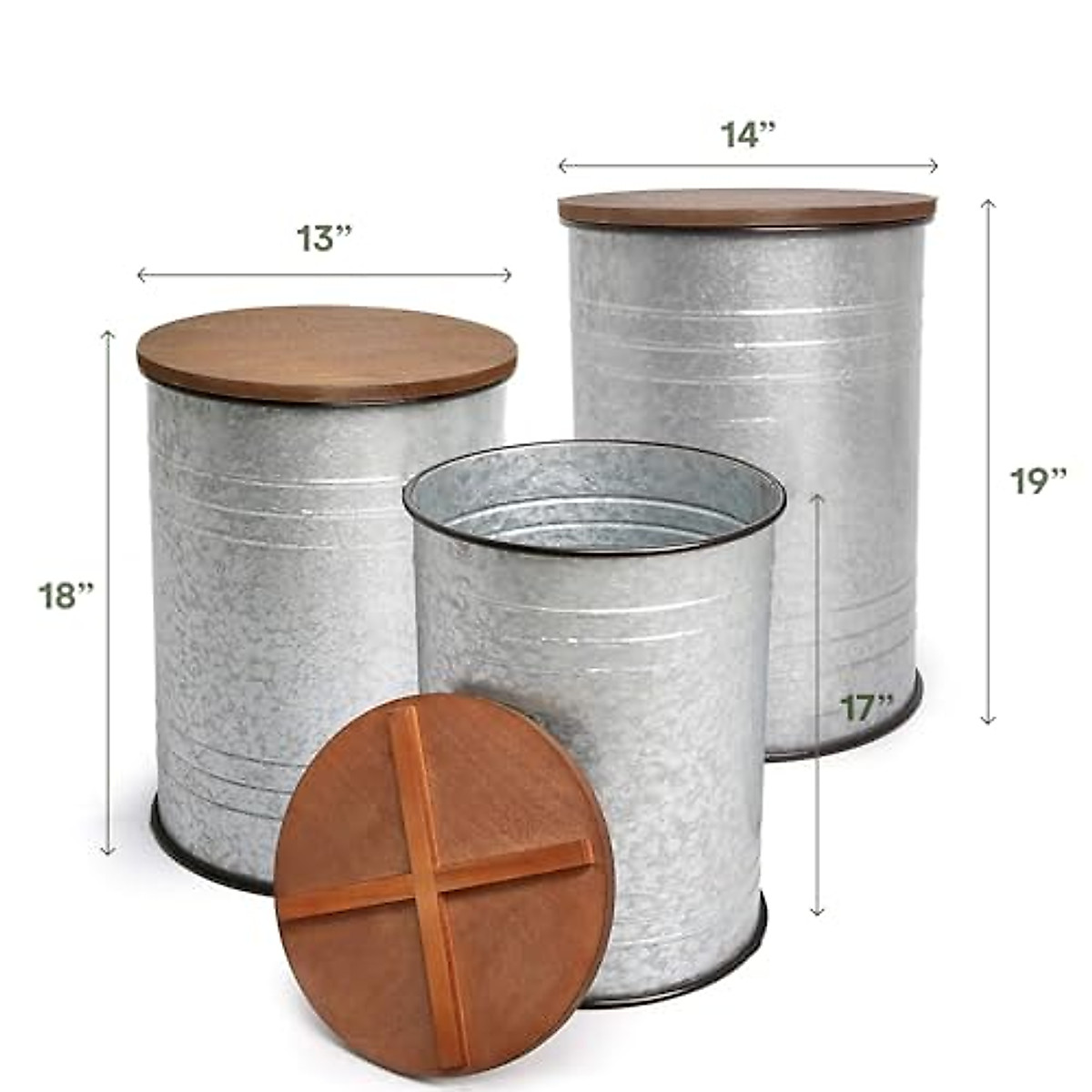 Hallops Farmhouse Accent Side Table | Galvanized Rustic Coffee Table | Metal Storage Ottoman Wood Cover | Farmhouse Decor Storage Box (Set of 3, Silver)