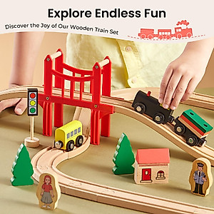 Tiny Land Wooden Train Set for Toddler - 39 Pcs- with Wooden Tracks fits Thomas, fits Brio, fits Chuggington, fits Melissa and Doug - Expandable, Changeable-Train Toy for 3 4 5 Years Old Girls & Boys
