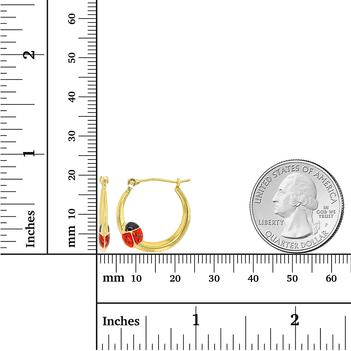 14K Yellow Gold Enamel Ladybug Hoop Earring, 2.50X18mm