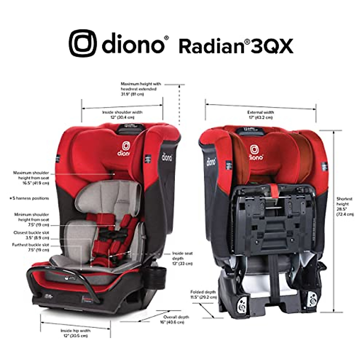 Diono Radian 3QX 4-in-1 Rear & Forward Facing Convertible Car Seat, Safe+ Engineering 3 Stage Infant Protection, 10 Years 1 Car Seat, Ultimate Protection, Slim Fit 3 Across, Red Cherry