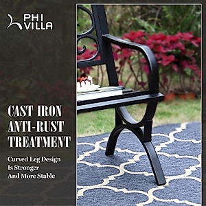 PHI VILLA 50-Inch Cast Iron Steel Frame Garden Bench Outdoor Patio Bench Chair w/Floral Design Backrest, Slatted Seat for Park, Yard & Porch, Black