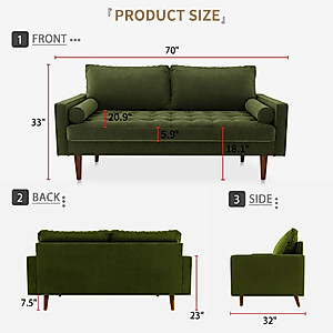 Meeyar 70" Velvet Loveseat Sofa, Couch for Small Apartment, Mid-Century Modern Loveseat Sofas Couches for Living Room Bedroom, Solid Wood Legs, Square Arms(Olive Green, 70")