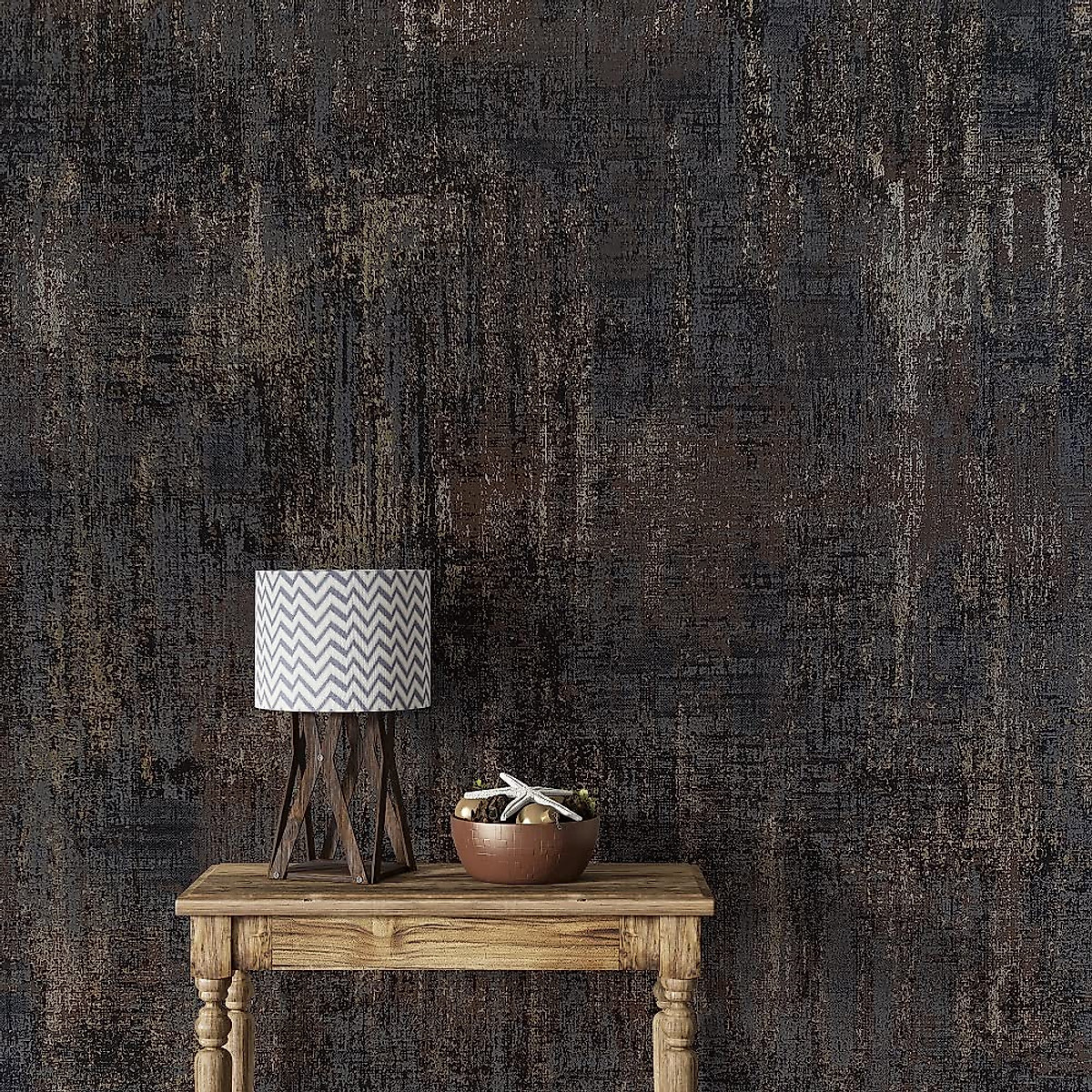 AM1NAH Distressed Wallpaper Industrial Metallic Wall Paper Non-Woven, 20.80'' X 393.00'', Charcoal & Gold
