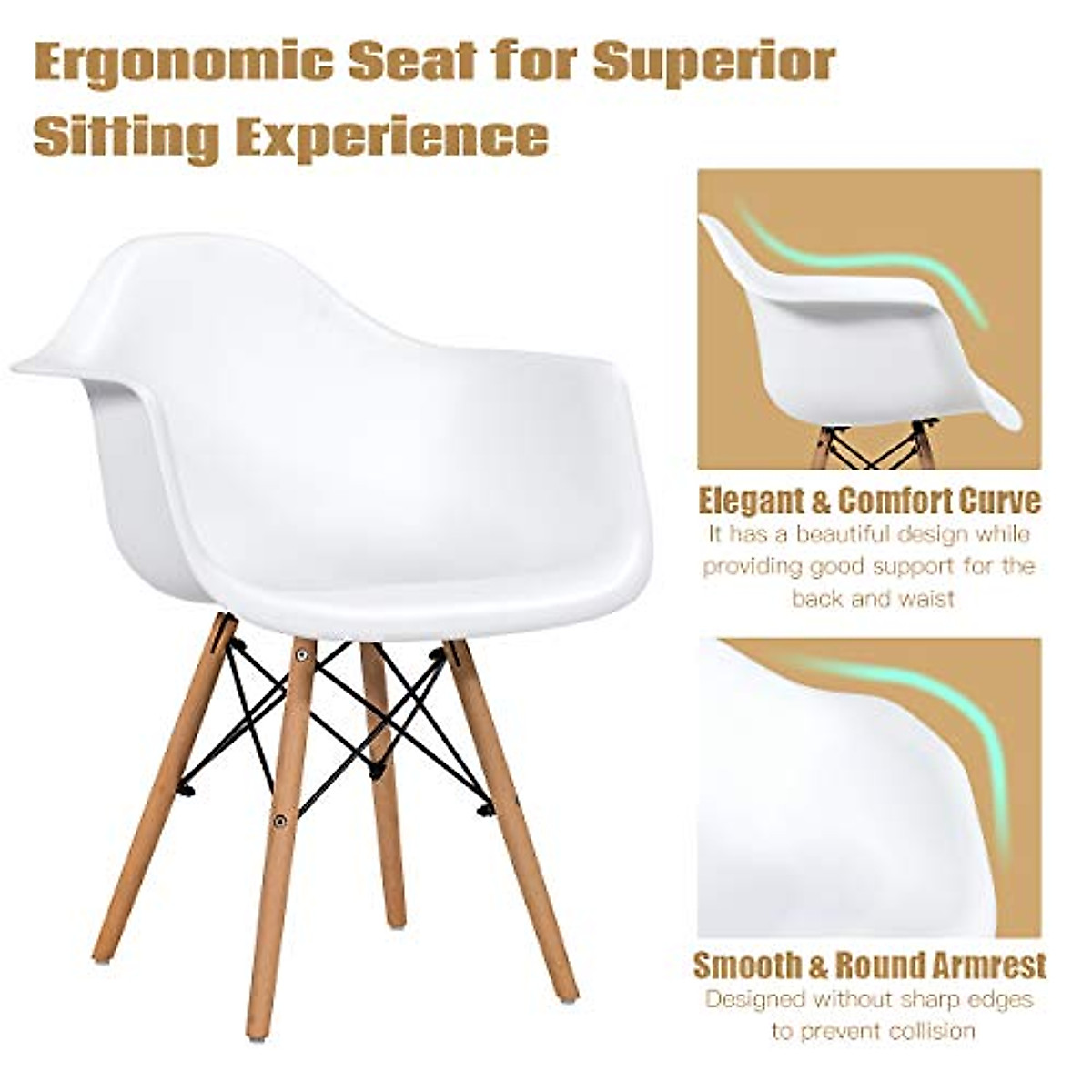 Giantex Dining Chairs Set of 4 White, Easily Assemble Modern Mid Century Dining Chairs with Wood Legs, Max Load to 330 Lbs, Plastic Kitchen Chairs with Arm for Dining Room