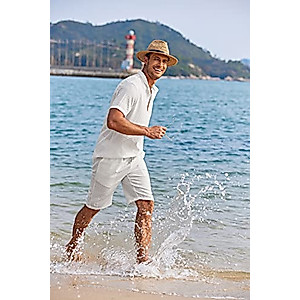 COOFANDY Men's 2 Pieces Linen Set Casual Henley Shirts Short Sleeve Beach Yoga Shorts Summer Pants Outfits