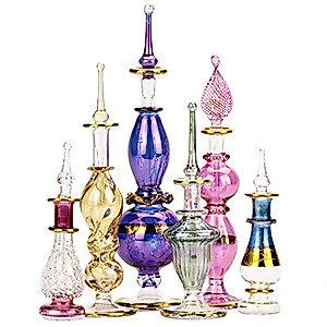 NileCart Egyptian Perfume Bottles 2-5 in Collection Set of 6 Mouth-Blown Decorative Glass with Handmade Golden Egyptian Decoration for Perfumes & Essential Oils