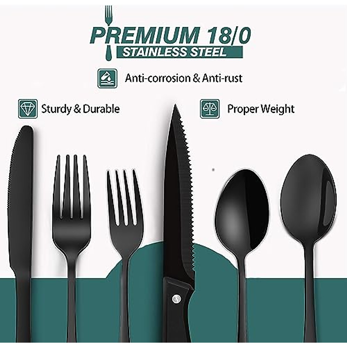 Black Silverware Set with Steak Knives,Black Flatware Set for 12,72-Piece Stainless Steel Tableware Cutlery Set,Kitchen Utensils Spoon and Fork Set,Dishwasher Safe