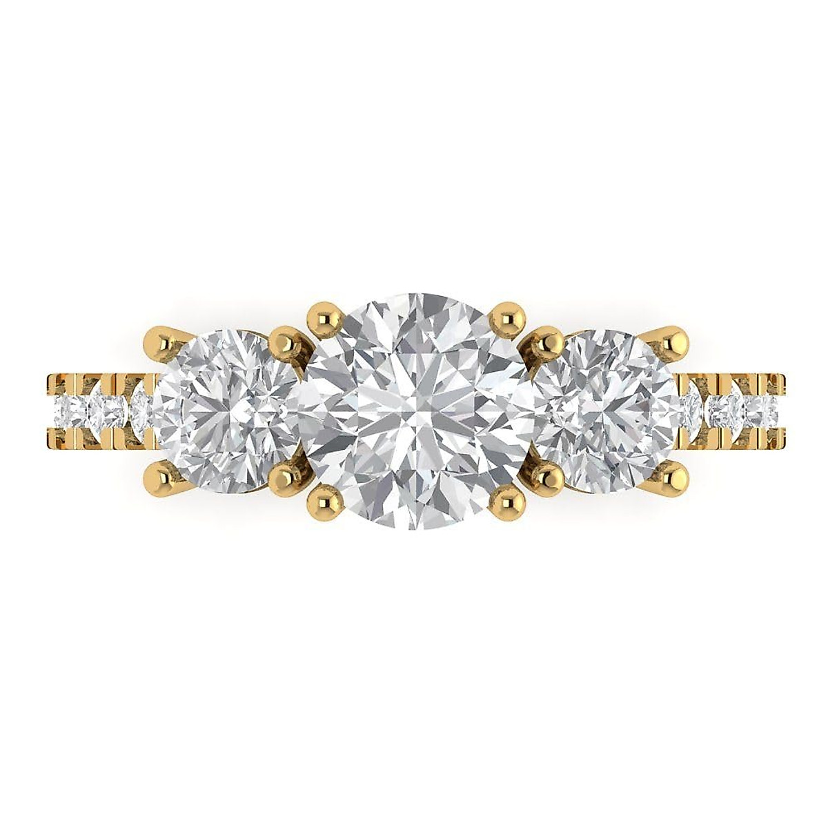 2.02 Ct Round Cut Clear Simulated Diamond 14K Yellow Gold Solitaire with Accents 3 Stone Engagement Promise Ring Size 4.75