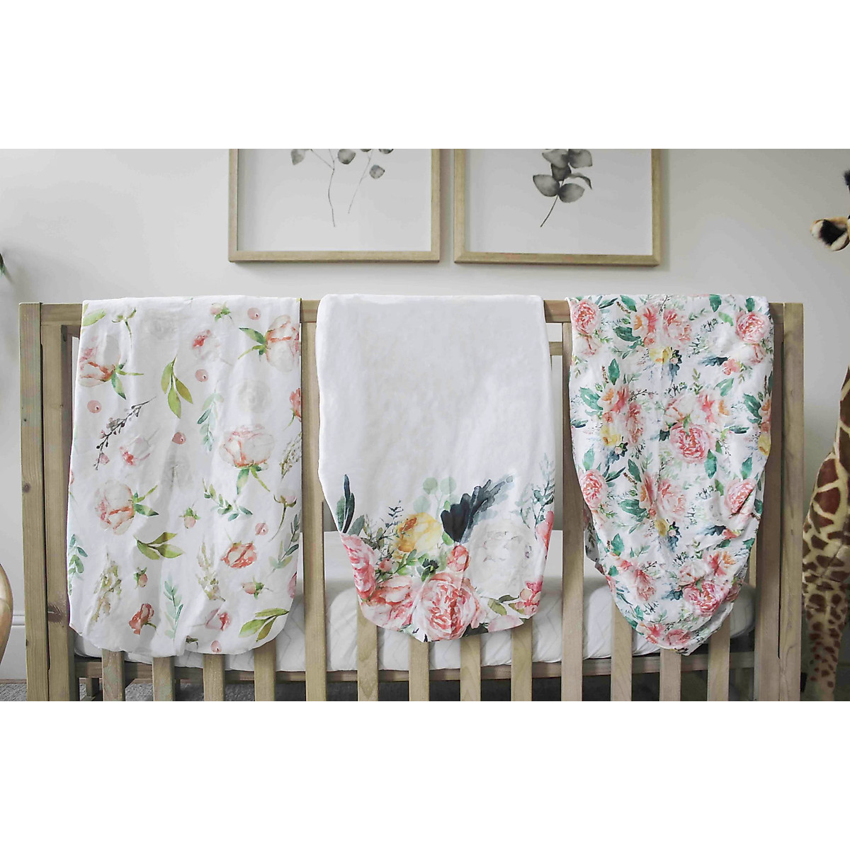 NODNAL CO. 3 Fitted Crib Sheets Set - Peonies & Roses for Baby Girl - 100% OEKO-TEX Cotton Girl Nursery Bedding - Pink Floral Boho Eucalyptus Flowers Set Toddler Mattress 28”x52”x9” Sheet