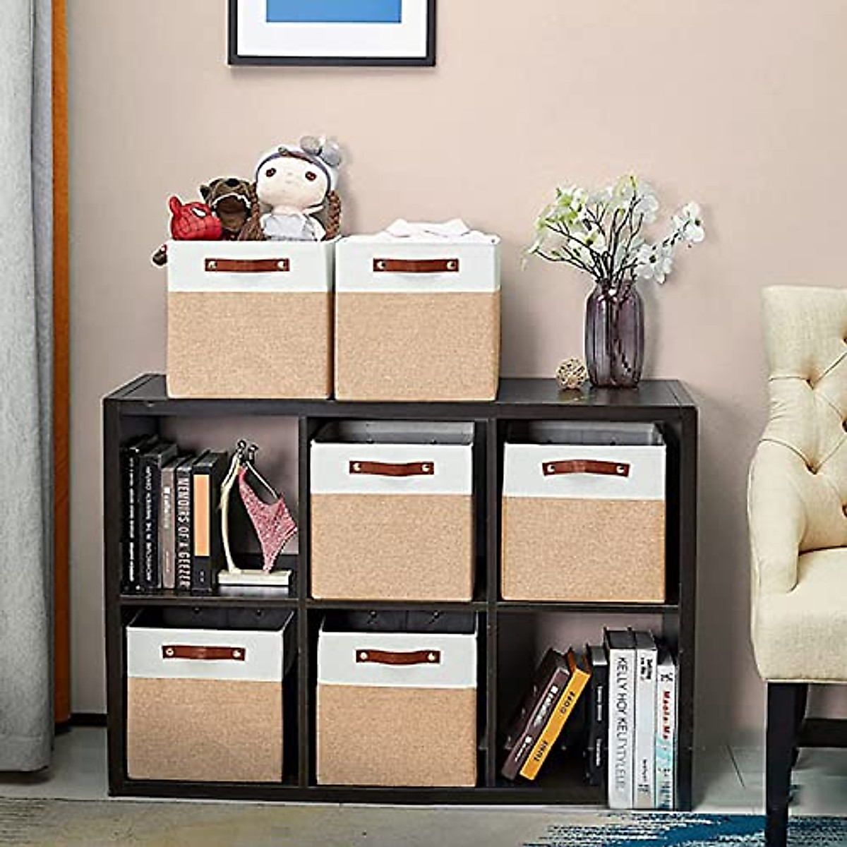 Jossens 11 Inch Fabric Baskets with Leather Handles,Foldable Cubes Storage Bins Set of 4 for Cube Organizer Home Toy Nursery Closet Bedroom(Khaki)