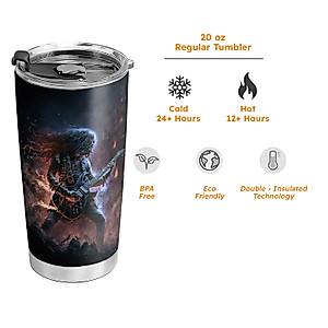 20oz Metal Rock Skull Reaper Electric Guitar Tumbler, Guitarist, Musician Gifts, Coffee Thermos for Men, Stainless Steel Double Wall Vacuum Insulated Coffee Mug, Travel Cup with Lid