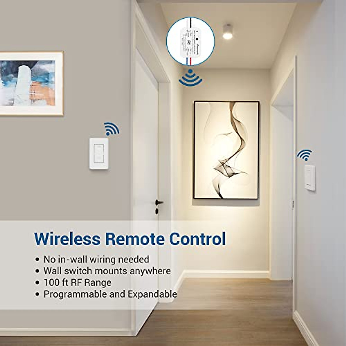 DEWENWILS 3 Way Wireless Light Switch and Receiver Kit, Remote Control Wall Switch for Ceiling Lights, Fans, Lamps, No in-Wall Wiring, No WiFi Needed, Wireless Panel Switch,100Ft RF Range