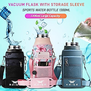 44 Oz Stainless Steel Water Bottle with Straw, Insulated Double Walled Thermos with Wide Mouth and Leak Proof Lid, Jug with Handle, Straw and Sleeve - Large BPA Free Metal Flask
