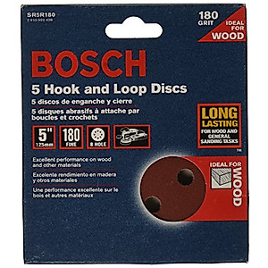 BOSCH SR5R180 5-Piece 180 Grit 5 In. 8 Hole Hook-And-Loop Sanding Discs