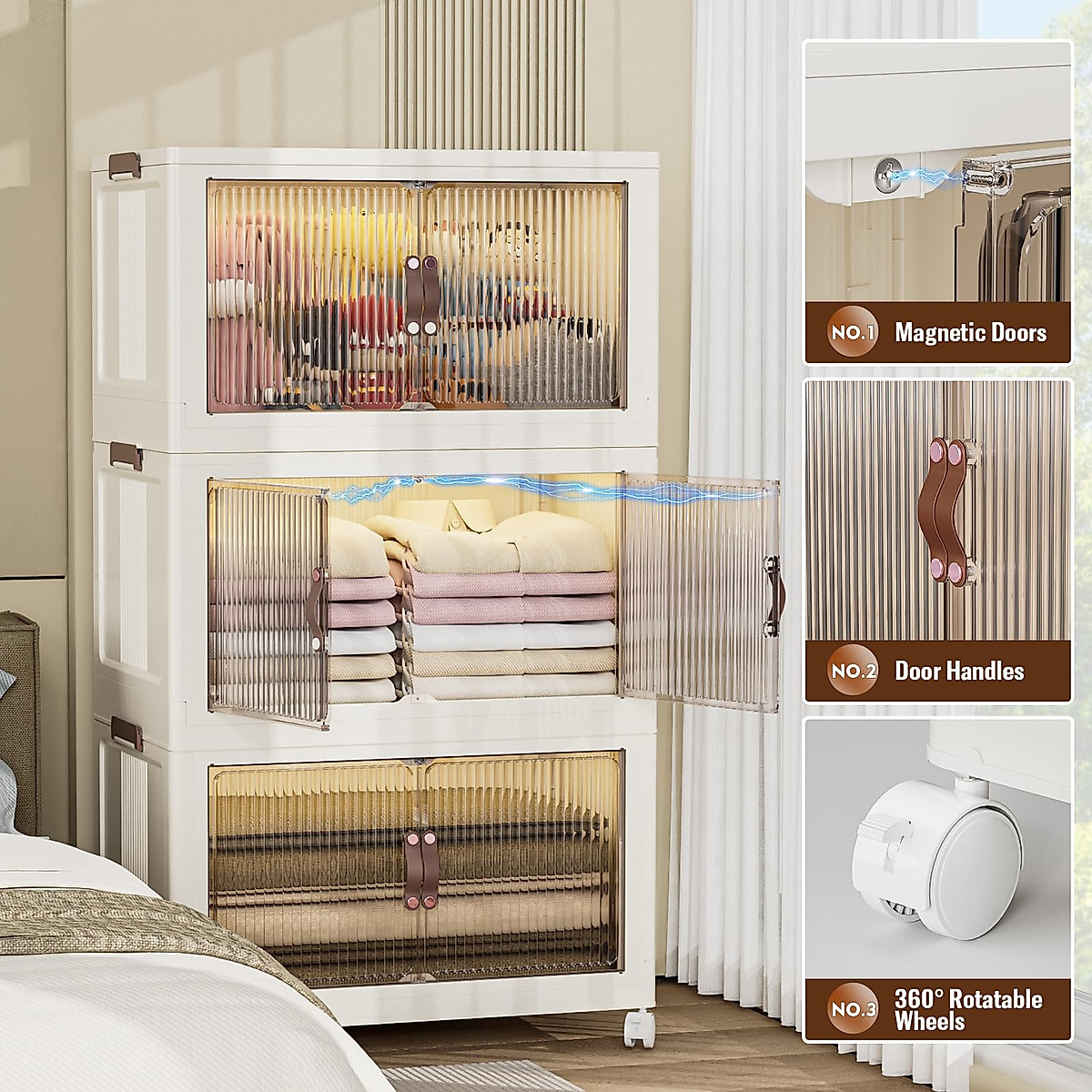 102 Qt Large Storage Bin with Dual-Opening Doors, Versatile Storage Organizer for Closet Room, Perfect Storage Box for Toys, Bedding, Clothes, Foldable & Stackable Storage Bins with Lids, 3-Tier