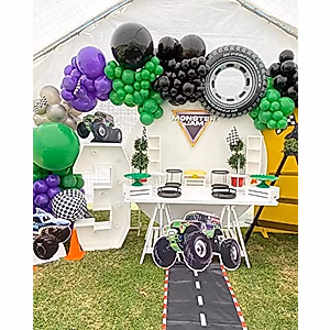 Truck Theme Balloon Garland Arch Kit 150pcs Black Green Purple Balloon with Checkered Flag and Large Hot Wheel Balloon for Monster Theme Birthday Party Decorations (without backdrop)