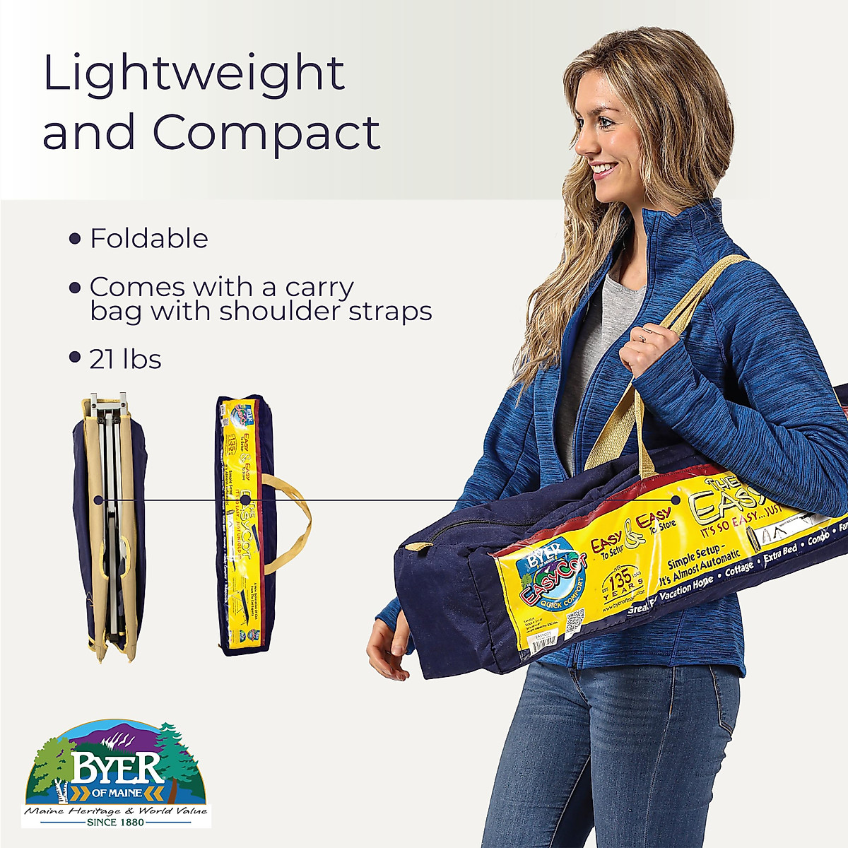 BYER OF MAINE Easy Cot - Extra Large Folding Cot - Heavy Duty Cot for Indoor and Outdoor Use - Cot Bed for Adults - 78”L X 31”W X 18”H - 330 lb Capacity