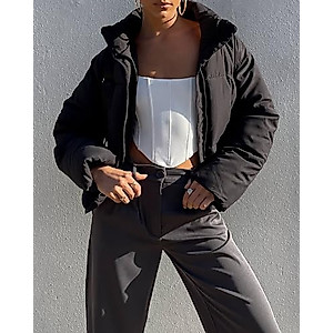 Womens Winter Puffer Jacket Cropped Long Sleeve Zip Up Baggy Short Down Coats with Pockets Black M