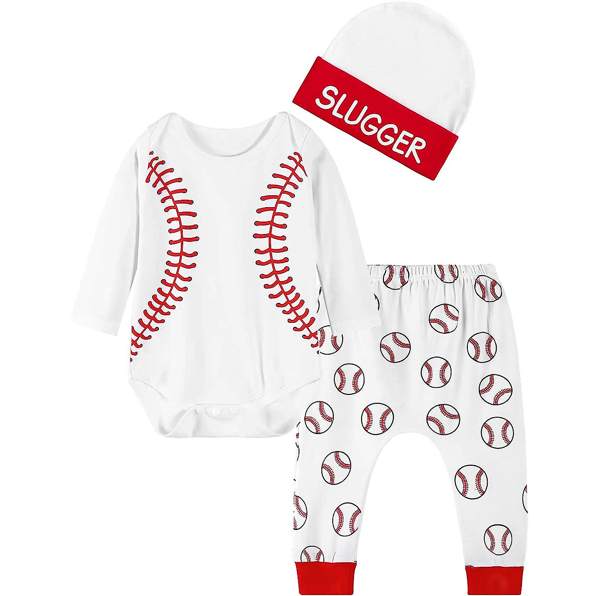 COSLAND Baby Baseball Outfit Infant Boys Cotton Pant Sets, White, Newborn