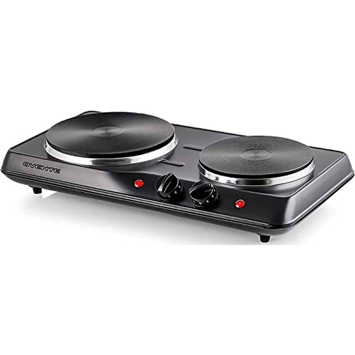 Ovente Electric Countertop Double Burner, 1700W Cooktop with 7.25 and 6.10 Inch Cast Iron Hot Plates and Temperature Control, Portable Cooking Stove, Easy to Clean Stainless Steel Base, Black BGS102B