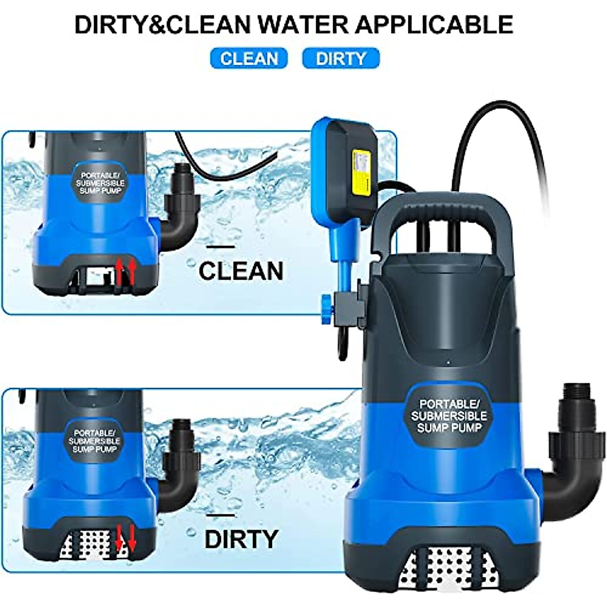 PANRANO Sump Pump Submersible 3500 GPH 750W Portable Transfer Electric Utility Water Sump Pumps with Automatic Float Switch for Swimming Pool Draining Spa Hot Tub Pond Garden Flood Basement Yard