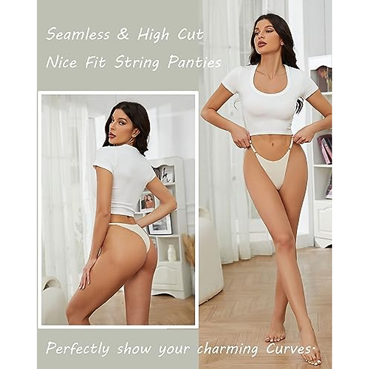 Bolivelan Adjustable Seamless String Underwear for Women G-String Thongs Panties High Cut Brazilian Briefs 6 Pack, US 4, Multicolor