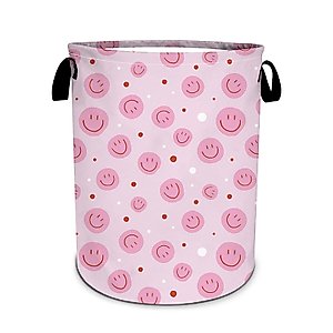 Pink Smiley Face Laundry Basket, Boho Laundry Hamper Foldable Waterproof Oxford Cloth Funny Tote Bag Dirty Clothes Storage Bucket Toy Organizer for Bathroom/Laundry/Bedroom 15.7"x19.6"