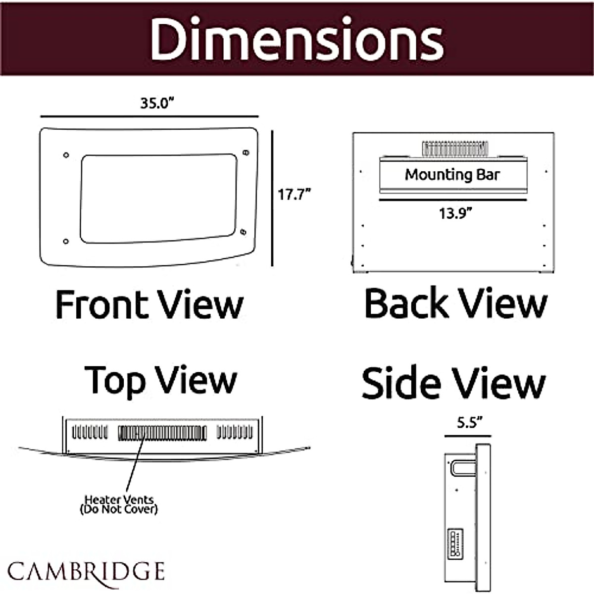 Cambridge Callisto 35" Wall Mounted Electric Fireplace Heater with Realistic Multi-Color Flame and Driftwood Log Display, White Curved Panel Wall Fireplace with Remote Control and Adjustable Heat