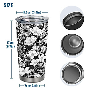 QWEUIOP 20oz Insulated Travel Coffee Mug Hand Drawn White Flowers Stainless Steel Tumbler with Lid Double Wall Vacuum Coffee Cup For Hot and Cold Drinks14494