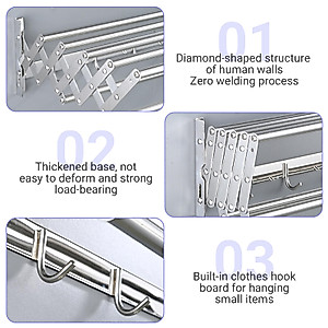 Yowmina Clothes Drying Rack Wall Mounted, Foldable Wall Drying Rack with 5 Hooks, Retractable Hanging Drying Rack with 7 Drying Rods, Space-Saving Stainless Steel Accordion Laundry Rack (23.6in)