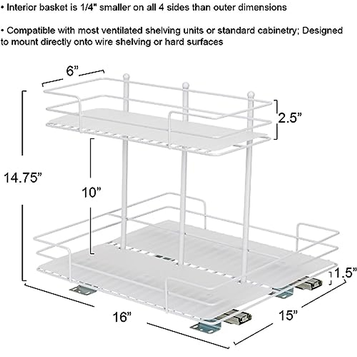 Household Essentials Glidez Paint-Finished Steel Pull-Out/Slide-Out Storage Organizer with Plastic Liners for Under Sink or Cabinet Use- 2 -Tier Design - Fits Standard Size Cabinet or Shelf, White