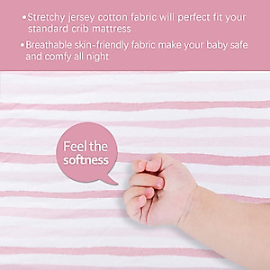 Biloban Crib Sheets Fitted, 2 Pack Crib Sheet Fits for Standard Crib and Toddler Mattress, 100% Jersey Knit Cotton Crib Sheet for Baby Boys & Girl, Pink Heart Stripes