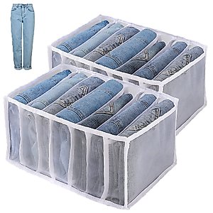 2PCS Extra-large Clothes Organizer for Folded Clothes, Pant Jeans Organizer with Compartment,Foldable Wardrobe Clothes Clothing Organizer for Closet Drawer Storage Box Bedroom. (7 Grids-Large, white)