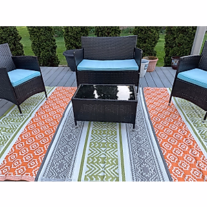 BalajeesUSA Outdoor Rugs 9x12 ft Large Plastic Patio Green, Orange Affordable Multipurpose Woven Plastic Straw All-Weather Waterproof Reversible Camper mat Backyard Picnic Sports Camps Tent Picnic