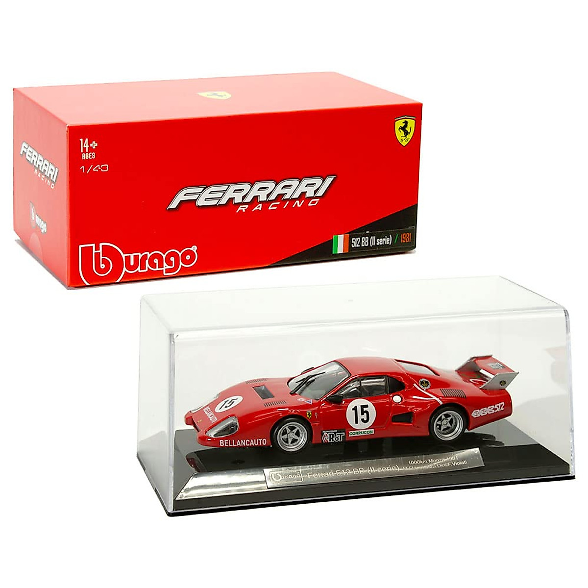 Bburago-1/43 Scale Model Compatible With Ferrari Racing 512 Bb Ii Serie 1981 Racing Car Die-Cast Model Miniature Collectible,Red