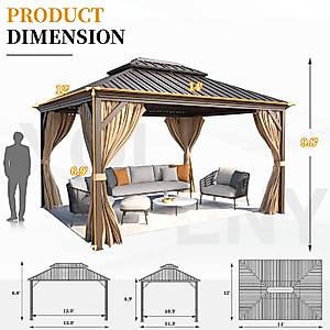 YOLENY 12x14FT Hardtop Gazebo, Galvanized Steel Double Roof Canopy with Netting and Curtains, Permanent Metal Pavilion Gazebos with Aluminum Frame for Patio Backyard Deck and Lawns