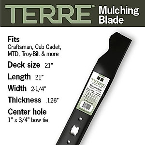 Terre Products, Single Mulching Lawn Mower Blade, 21 Inch Deck, Compatible with MTD, Cub Cadet, TroyBilt, Replacement for 742-04100, 742-0741, 742-0741A, 942-0741, 942-0741A, 1995 and After