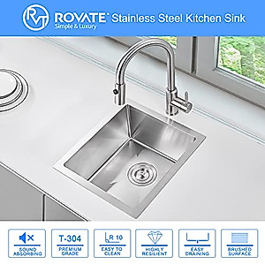 Bar Sink, ROVATE 15 x 17 inch Undermount Bar Sink, Handmade Single Bowl T-304 Stainless Steel Small Kitchen Sink with Strainer