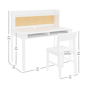 Martha Stewart Kids' Desk with Hutch and Chair by Guidecraft - Creamy White: Kids Wooden Study Table with Storage and Corkboard | Kids' Bedroom Furniture Set, Desk and Chair Set Ages 5-12