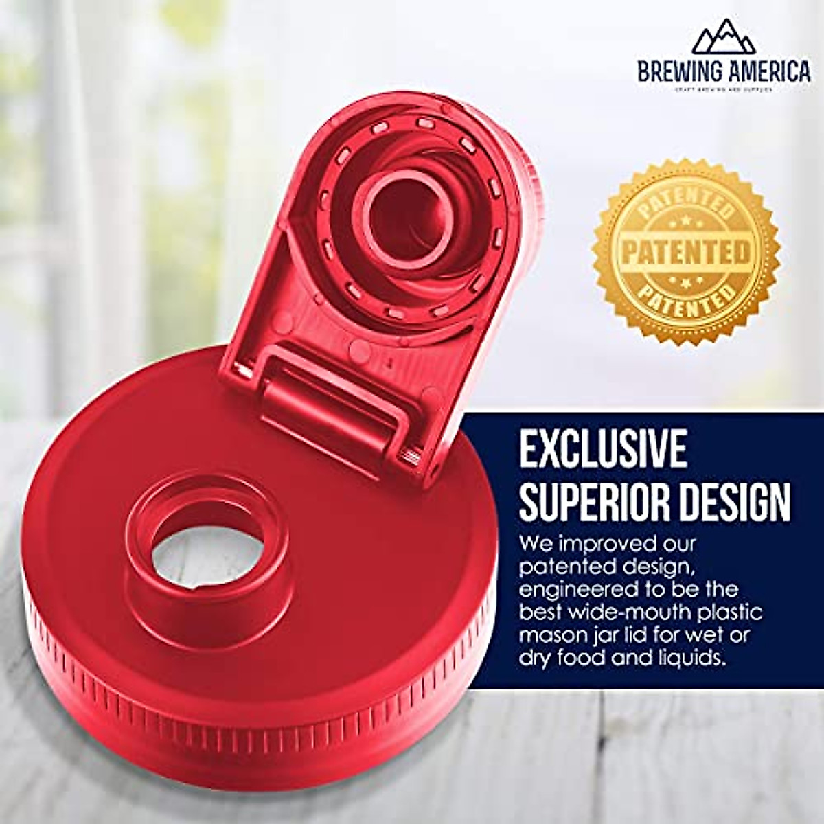 Brewing America Glass Mason Jar Pitcher with Lid - Ball Jars, 2 Quart (64 oz) with Old Glory Red Wide Mouth Mason Jar Pour Lid, for Smoothie, Boba Cup, Sun Tea Jar, Cold Coffee Glass Tumbler