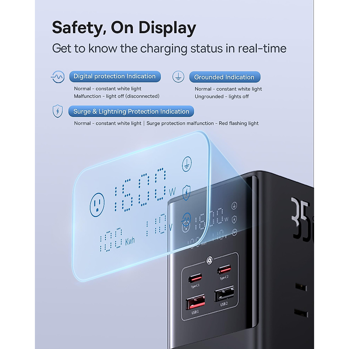 Baseus Charging Station, 10 in 1 USB Power Strip 35W with 1200J Surge Protector, 6 AC + 2 USB-C + 2 USB-A Port, Fast Charging Desktop Charger for iPhone 15/14 Series, iPad, Game, Home, Office (35W)