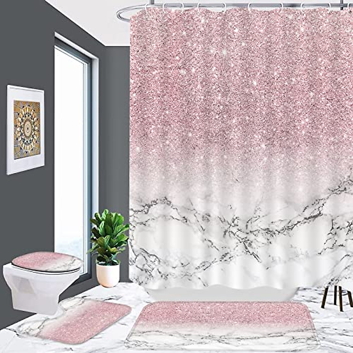 juwute 4 Pcs Pink Shower Curtain Set Marble Bathroom Shower Curtain Sets with Rugs and Accessories,Shiny Toilet Lid Cover Bath Mat and Flash Contour Mat Sets,12 Hooks,Polyester,Waterproof