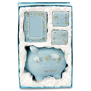 BRUBAKER My First Piggy Bank Gift Set for Baby Boy - 4 Pcs Keepsake Gift Set Includes Piggy Bank, First Curl, First Tooth and Photo Frame - Blue