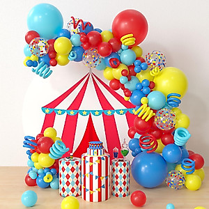 HYOWCHI Plim Plim Birthday Party Supplies - Circus Carnival Theme Party Decorations Balloon Garland Arch, 145Pcs Red Blue Yellow Balloon Arch For Carnival Circus Clown Birthday Baby Shower Decorations